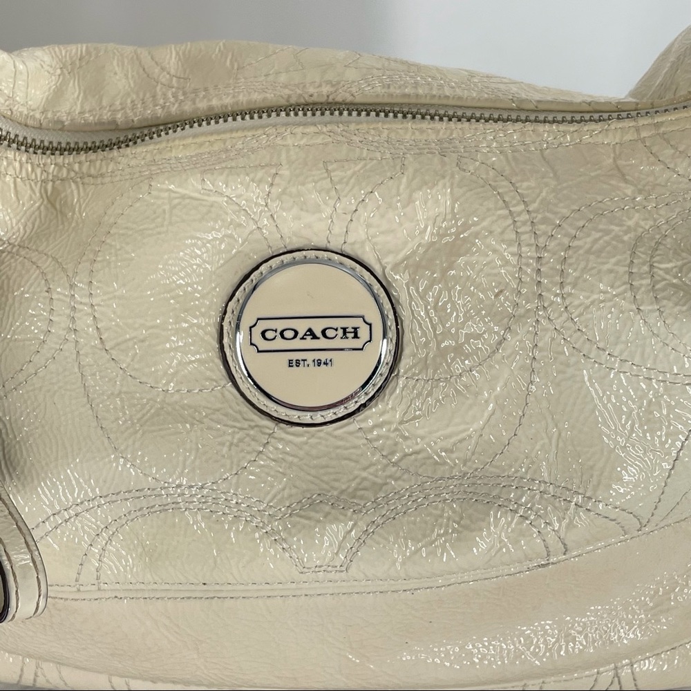 Coach Ivory Patent Leather Signature Stitched Hobo Bag - Gem
